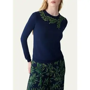 Carolina Herrera Olive Branch Embroidered Sweater