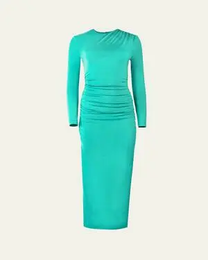Carolina Herrera Ruched Long-sleeve Midi Dress - Turquoise
