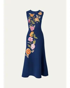 Carolina Herrera Floral Embroidered Sleeveless Midi Dress - Midnight Multi