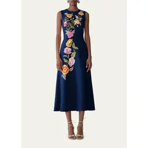 Carolina Herrera Floral Embroidered Sleeveless Midi Dress