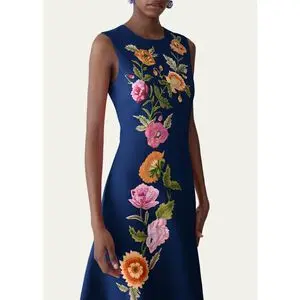 Carolina Herrera Floral Embroidered Sleeveless Midi Dress