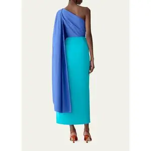 Carolina Herrera Colorblock Silk One-shoulder Maxi Dress With Detachable Drape