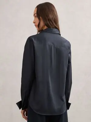 REISS Lottie Cotton-sateen Folded-cuff Shirt - Navy