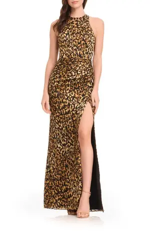 Dress The Population Nilla Leopard Print Gown With Open Back