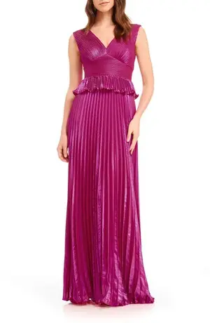 Dress The Population Liliana Metallic Pleated Gown - Fuchsia