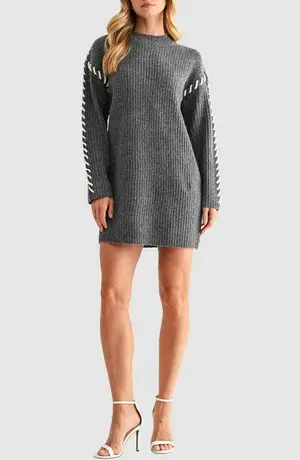 ALL IN FAVOR Long Sleeve Mini Sweater Dress With Contrast Stitching - Charcoal Grey