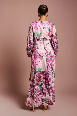 Coast Petite Long Sleeve Floral Chiffon Midaxi Dress - Pink