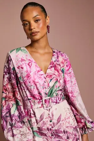 Coast Petite Long Sleeve Floral Chiffon Midaxi Dress - Pink