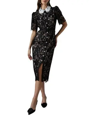 Coast Short Sleeve Lace Shirt Dress With Contrasting Collar And Side Slit - Black