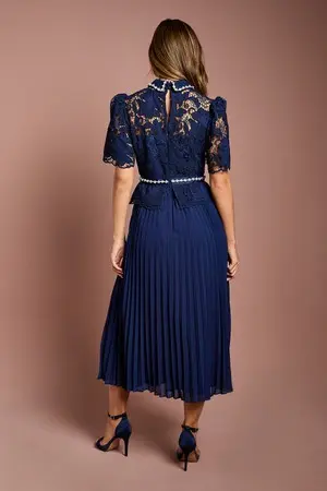 Coast Lace Top Pleat Skirt Jewel Button Dress - Navy
