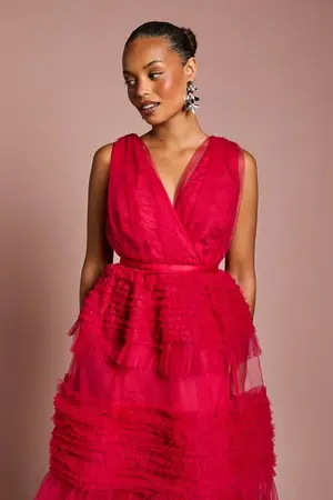 Coast Petite Sleeveless V-neck Tiered Mesh Maxi Dress