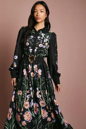 Coast Lace Trim Botanical Print Belted Shirt Dress