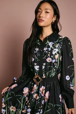 Coast Lace Trim Botanical Print Belted Shirt Dress