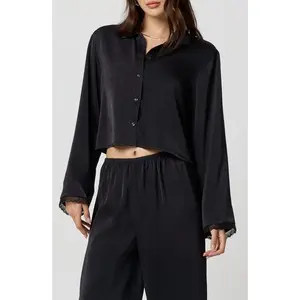 FLORENCE BY MILLS Silky Satin Crop Sleep Shirt - Black