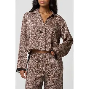 FLORENCE BY MILLS Silky Satin Crop Sleep Shirt - Cheetah Print