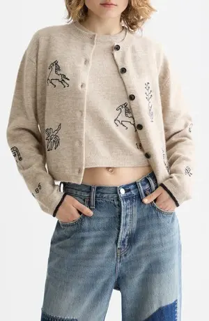 Scotch & Soda Embroidered Crewneck Cardigan - Oatmeal Melange