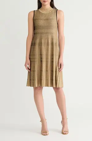 Ming Wang Metallic Linear Pleat Knit Dress