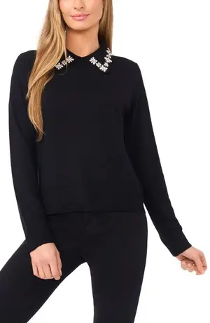 CECE DUPRAZ Embellished Collar Rib Sweater - Rich Black