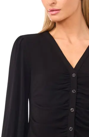 CECE DUPRAZ Shirred V-neck Button-up Shirt - Rich Black