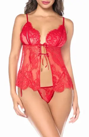 MAPALE Tie Front Lace Babydoll Chemise & Thong Set - Red