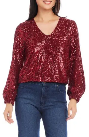 Karen Kane Sequin V-neck Top - Ruby