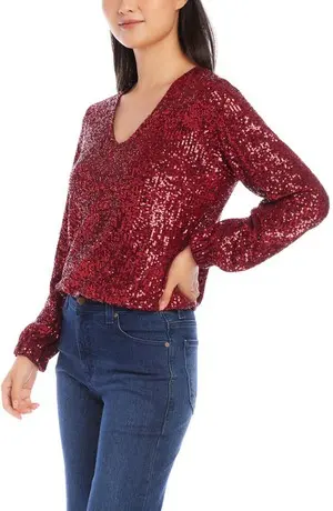 Karen Kane Sequin V-neck Top - Ruby