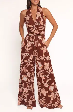 PETAL & PUP Floral Halter Neck Wide Leg Jumpsuit - Orange Floral