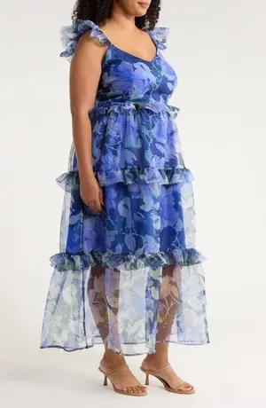 SUGARLIPS Floral Ruffle Tiered Organza Maxi Dress