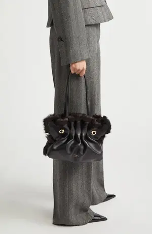 FERRAGAMO Small Gancio Piercing Leather & Shearling Shoulder Bag