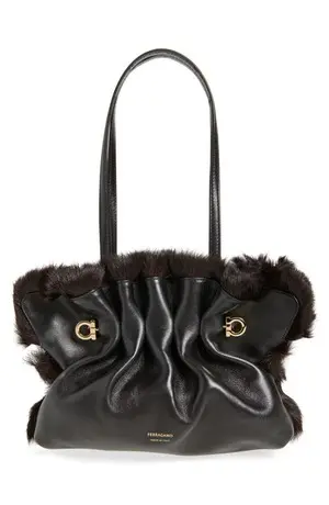 FERRAGAMO Small Gancio Piercing Leather & Shearling Shoulder Bag