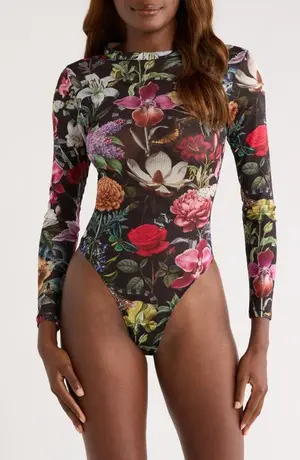 KILO BRAVA Floral Print Mesh Long Sleeve Teddy