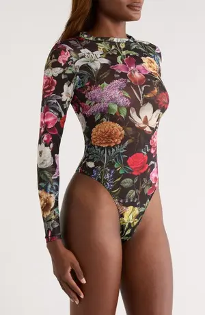 KILO BRAVA Floral Print Mesh Long Sleeve Teddy