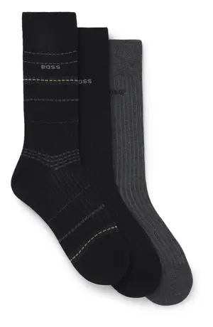 BOSS Ribbed Stripe And Solid Cotton Blend Dress Socks 3-pack - Black