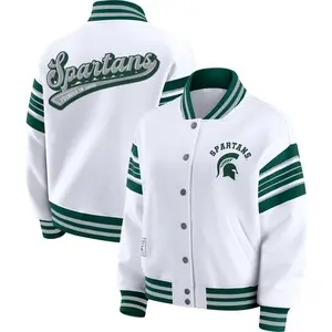 WEAR BY ERIN ANDREWS Green Michigan State Spartans Satin Stitch Full-snap Fleece Sweatshirt Jacket - White