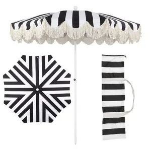 JONATHAN Y Mariner 6.5 Ft. Classic Cottage Fringe Tassel Market Beach Umbrella With Push Button Tilt - Black/white - White Pole