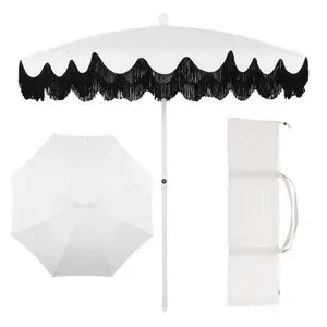 JONATHAN Y Mariner 6.5 Ft. Classic Cottage Fringe Tassel Market Beach Umbrella With Push Button Tilt - White - White Pole