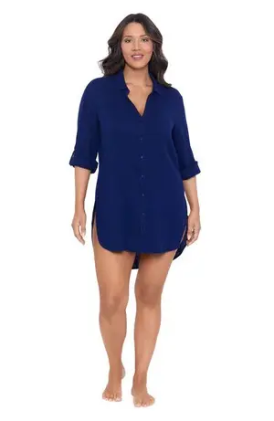 TRIMSHAPER Button-Down High-Low Beach Shirt Coverup Ink