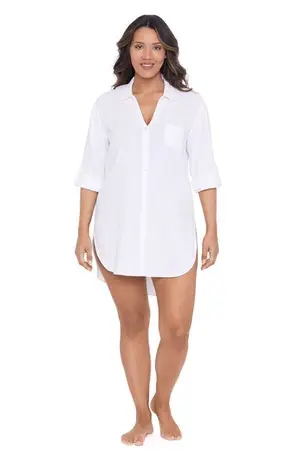 TRIMSHAPER Button-down High-low Beach Shirt Coverup - White