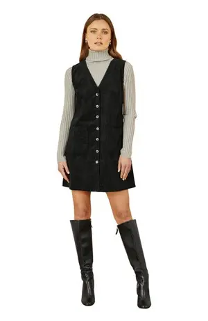 YUMI V-neck Cord Pinafore Dress - Black