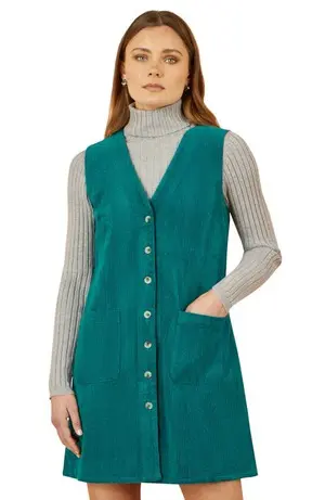 YUMI V-neck Cord Pinafore Dress - Teal