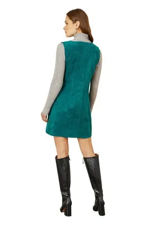 YUMI V-neck Cord Pinafore Dress - Teal
