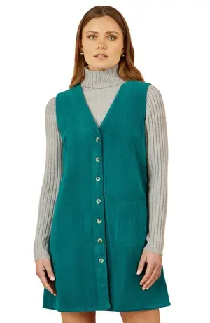 YUMI V-neck Cord Pinafore Dress - Teal