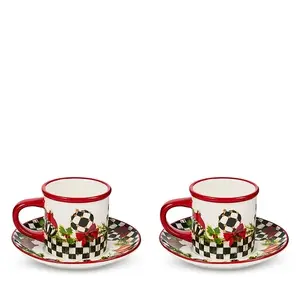 MACKENZIE-CHILDS Courtly Flower Market Stoneware Espresso Cup & Saucer, Set Of 2 - Christmas Check