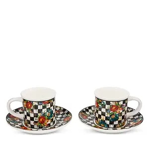 MACKENZIE-CHILDS Courtly Flower Market Stoneware Espresso Cup & Saucer, Set Of 2 - Multi Check