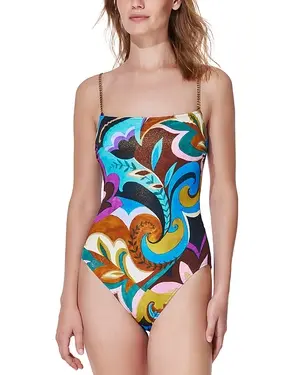GOTTEX Chain Strap Shimmer Print One Piece Swimsuit - Multi Brown