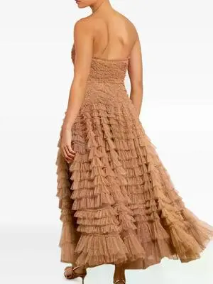 NEEDLE & THREAD Hattie Ruffled Strapless Gown - Brown