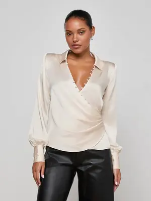 L'Agence Bernice Satin Wrap Blouse Top