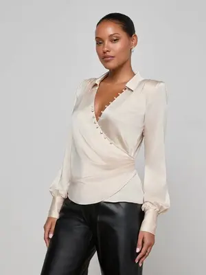 L'Agence Bernice Satin Wrap Blouse Top