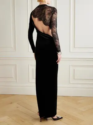 SELF-PORTRAIT Lace-paneled Velvet Maxi Dress