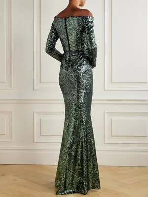Elie Saab Off-the-shoulder Belted Sequined Silk-blend Gown